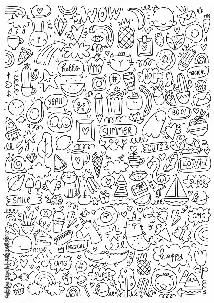 Big coloring page in doodle style. Cute cartoon lifestyle coloring page ...