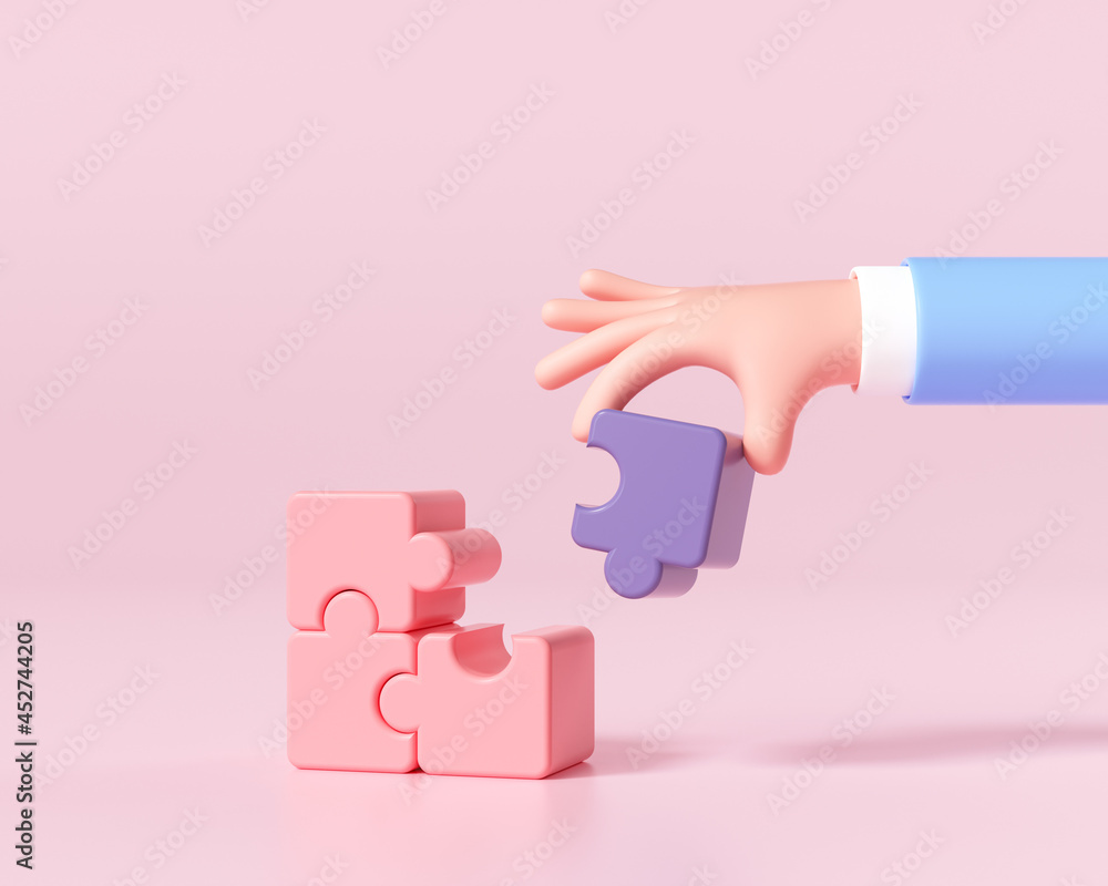 Cartoon hands connecting jigsaw puzzle. Symbol of teamwork, cooperation ...