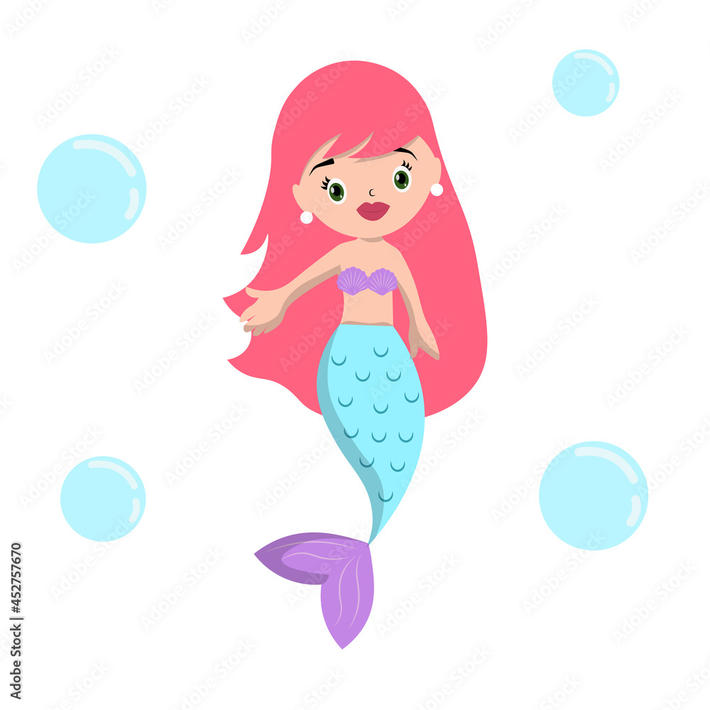 Beautiful cartoon mermaid with pink hair and blue tail On white ...