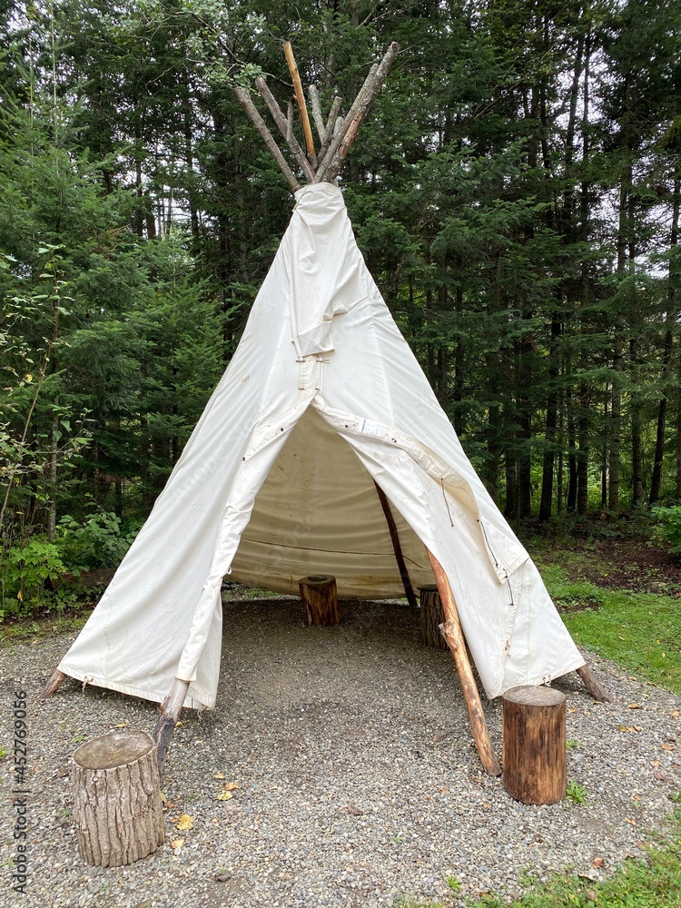 Foto de Stock Tepee in the forest with wood logs as seats, ancient and ...