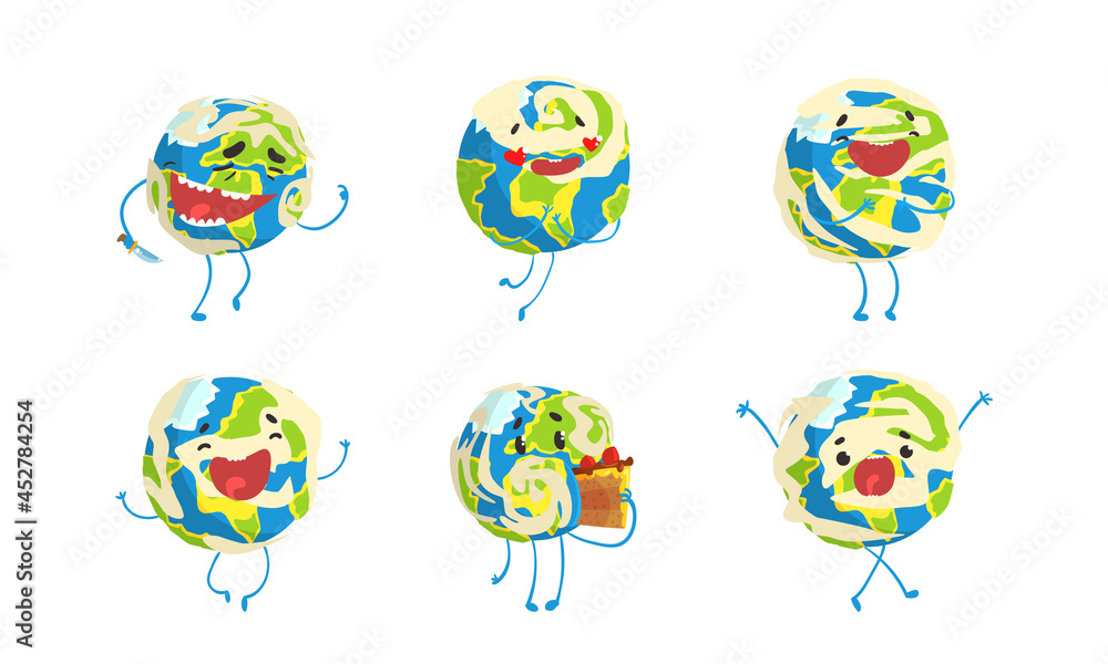 Funny Earth Planet Showing Different Emotions Set, Globe Character ...