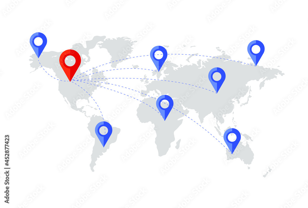 Vector World Map with Location Signs, Network Connection, Points of ...