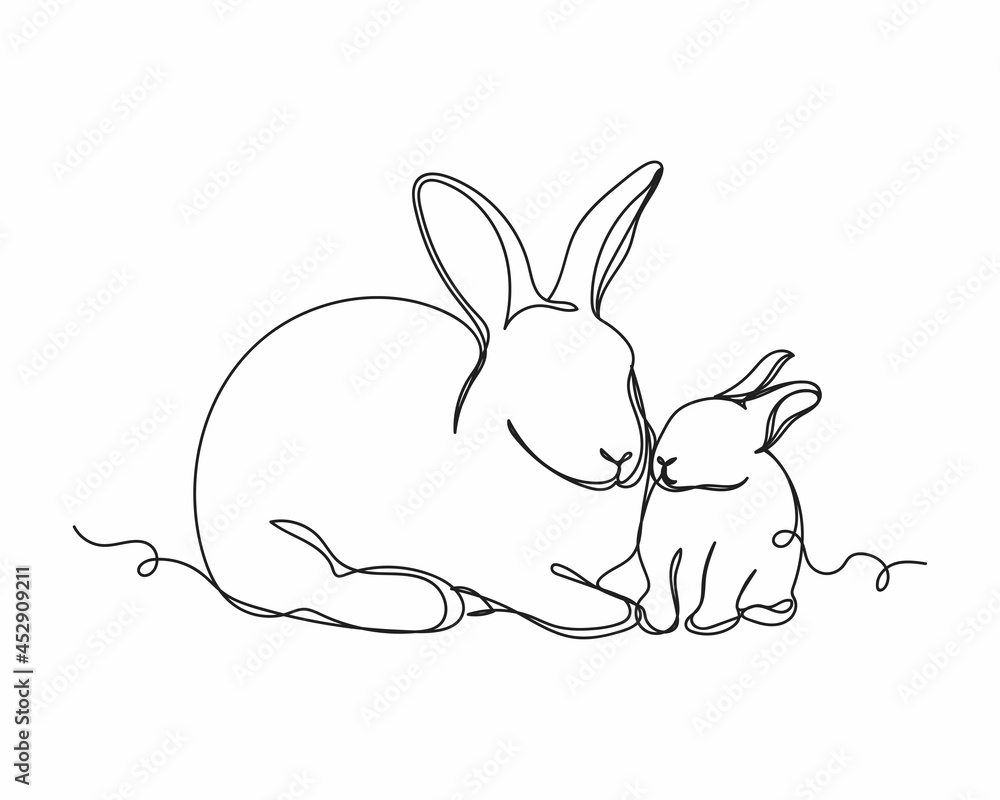 Continuous one line drawing of mother rabbit with baby bunny icon in ...
