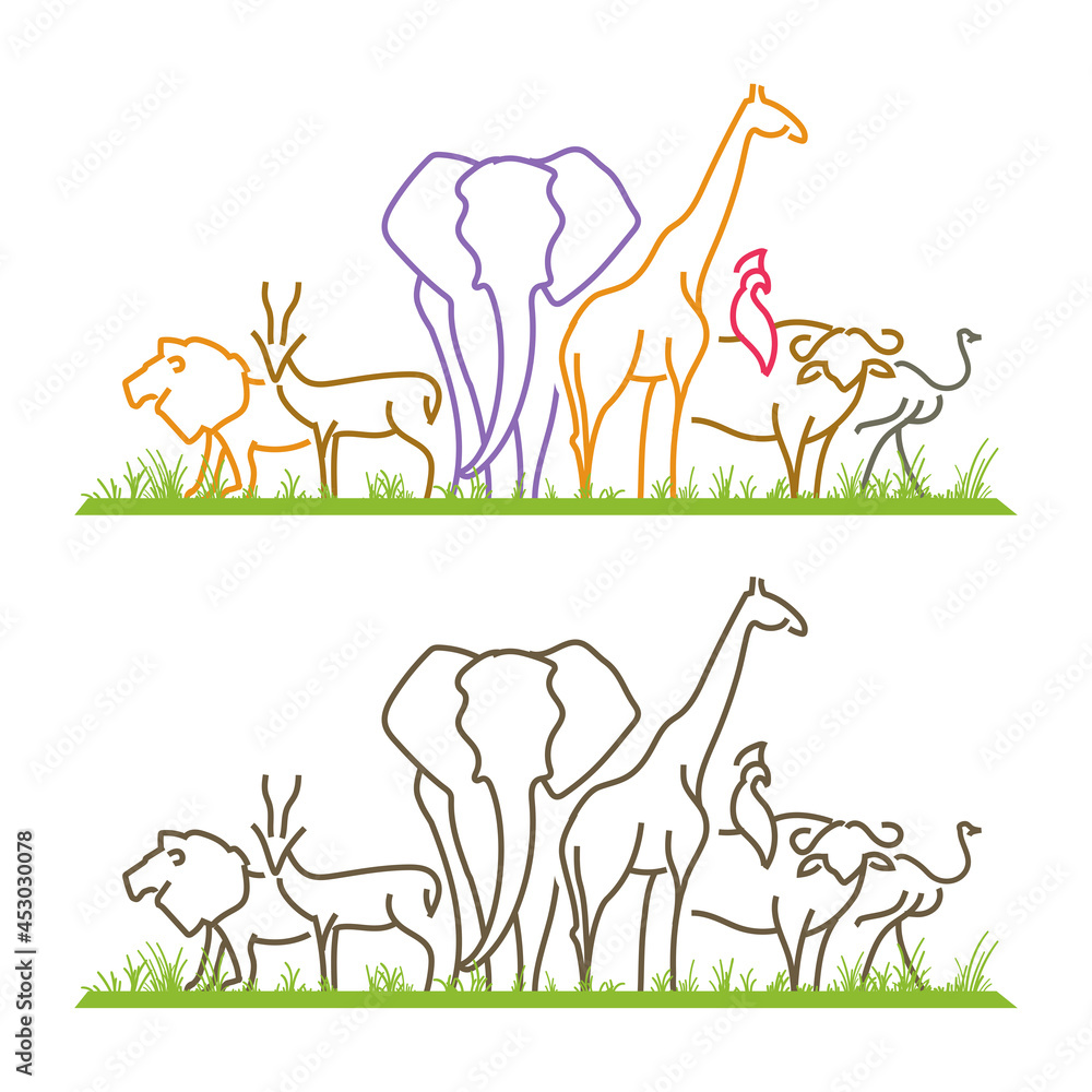 Savanna animals line art composition for wild animals symbol or logo ...