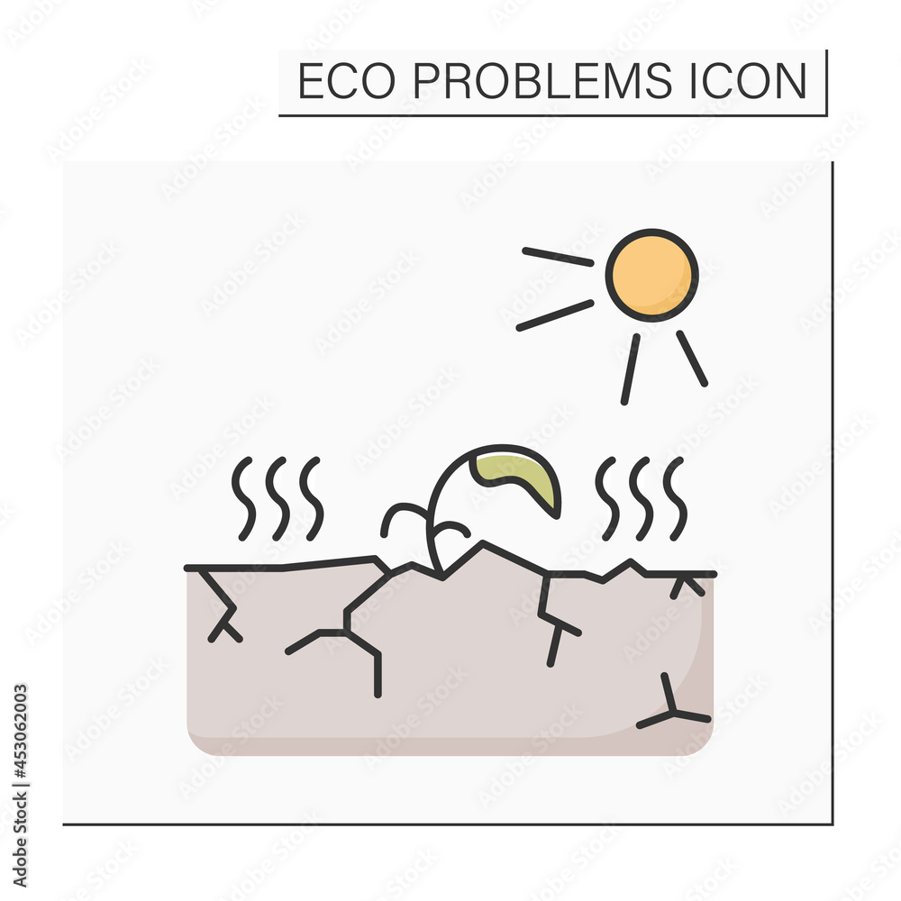 Soil eruption color icon. Plant suffering drought and land degradation ...