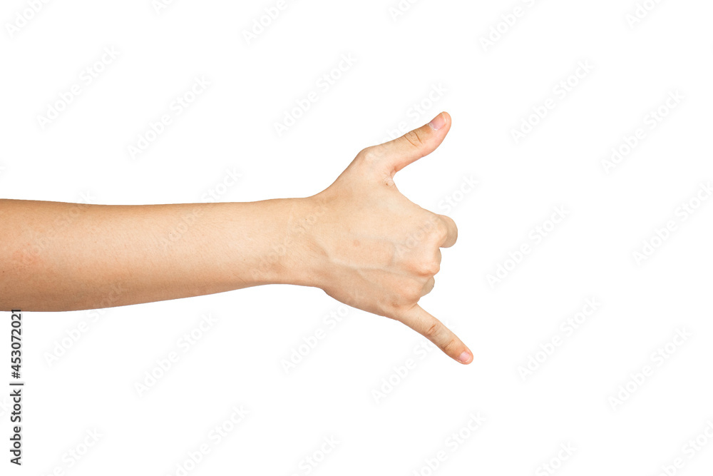 Close up of call me hand gesture isolated with white background. Shaka ...