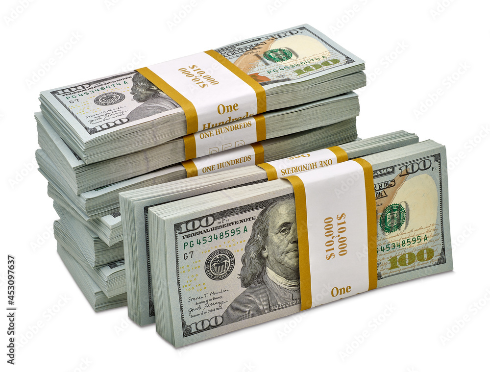 New design dollar bundles stack of bundles of 100 US dollars isolated on white background ...