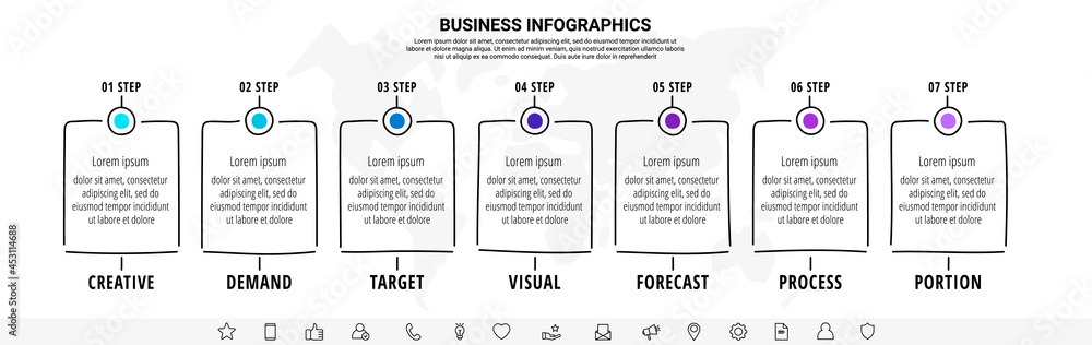 Hand-drawn vector line infographics with 7 rectangles and icons. Flat ...