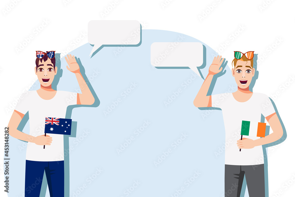 Men with Australian and Irish flags. Background for text. Communication ...