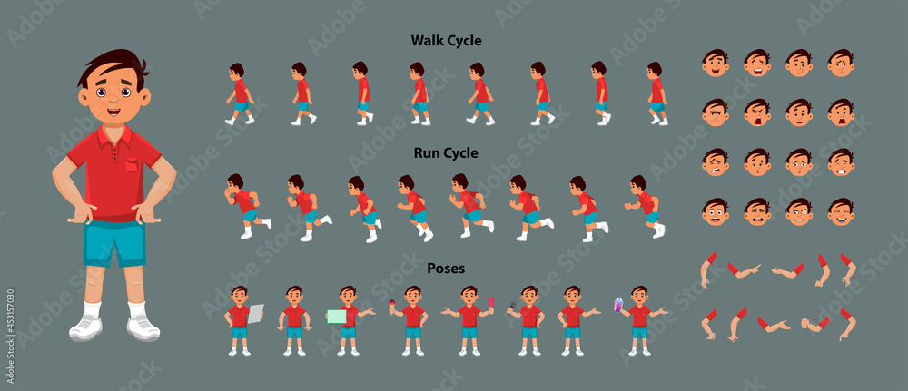 Cute boy character sprite sheet with walk cycle and run cycle animation sequence. Cute boy ...