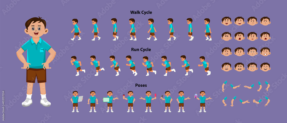 Vector de Stock Boy character 2d model sheet with walk cycle and run ...