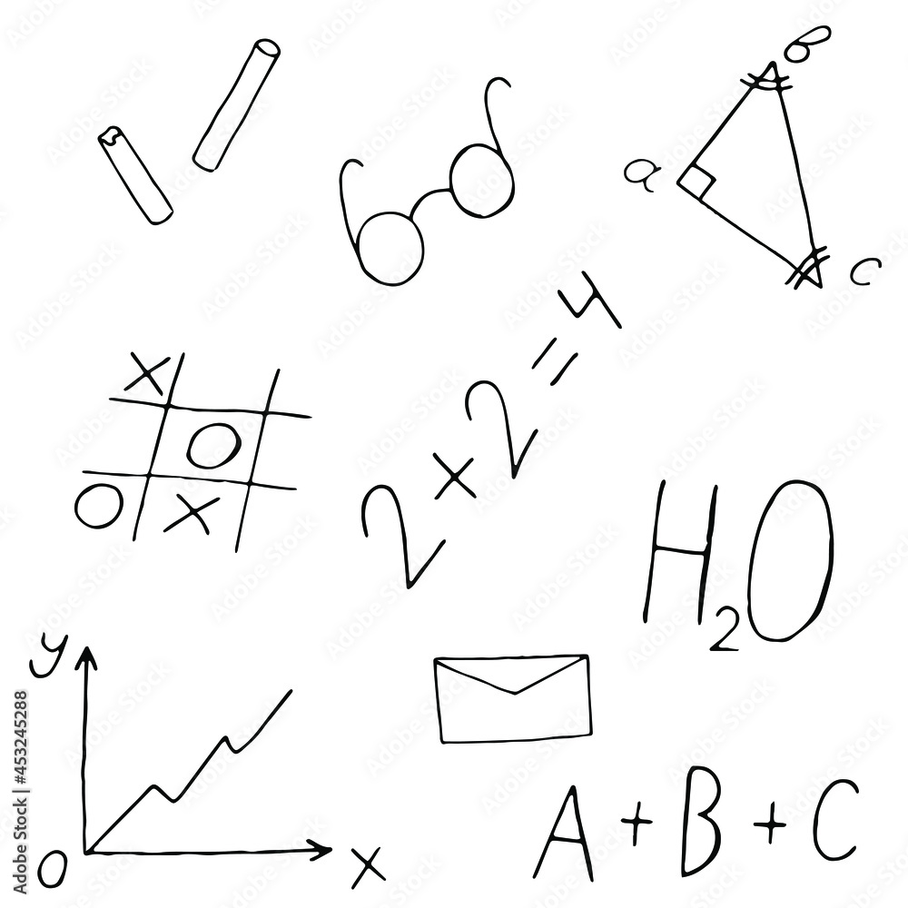 set of school doodles, doodles, formulas, tic-tac-toe chart, envelope ...