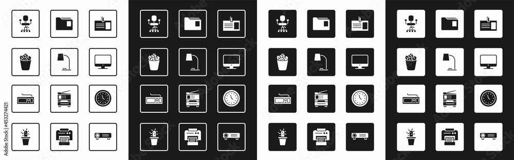 Set Identification badge, Table lamp, Full trash can, Office chair ...