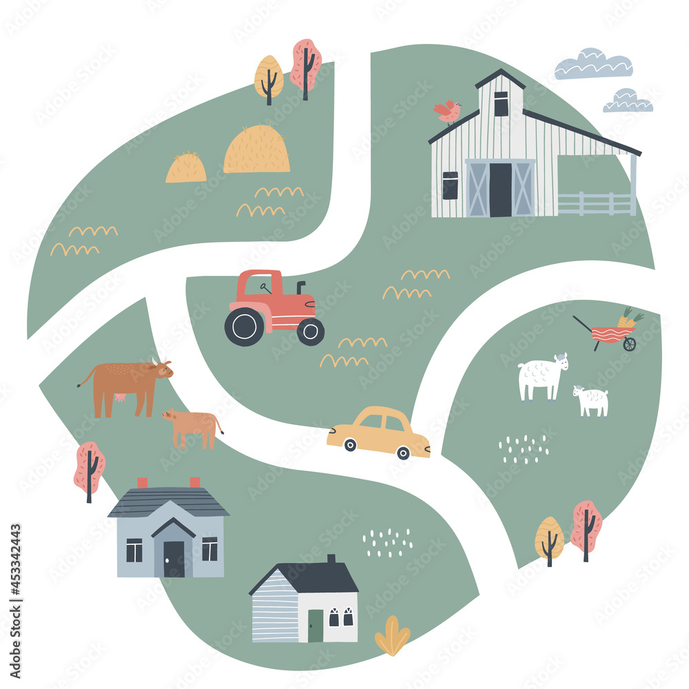 Cute village map with houses and animals. Hand drawn vector ...