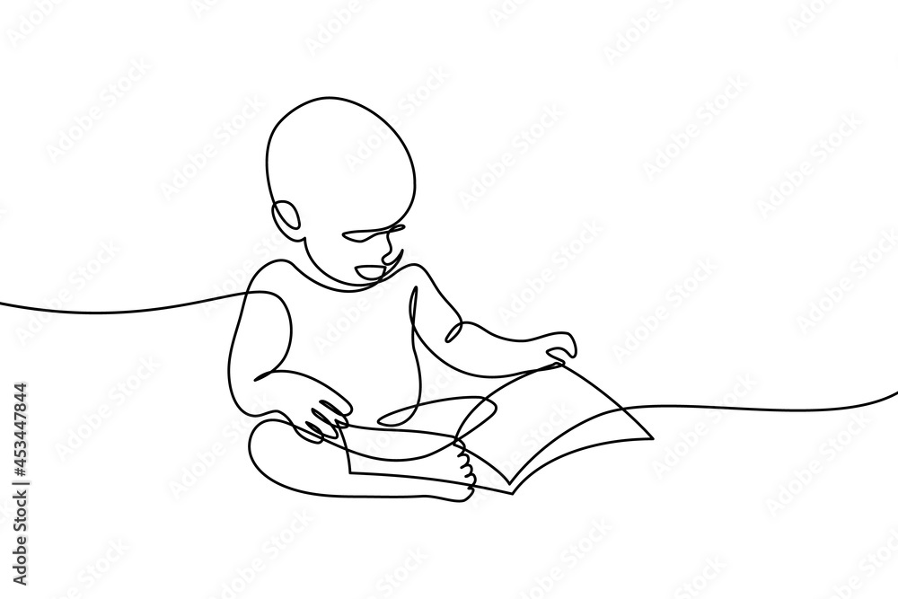 Baby with a book in continuous line art drawing style. Young child ...