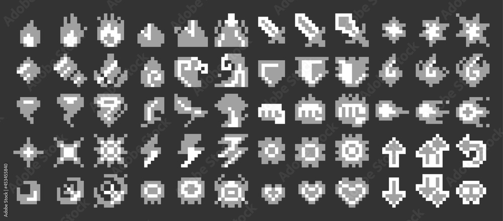 Pixel art vector game elemen and skill icon set Stock Vector | Adobe Stock
