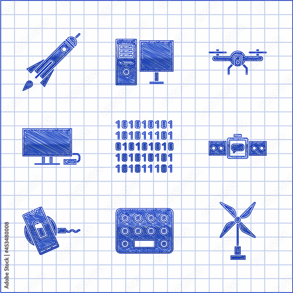 Set Binary code, Pills blister pack, Wind turbine, Smartwatch, Wireless charger, Tv, Drone ...