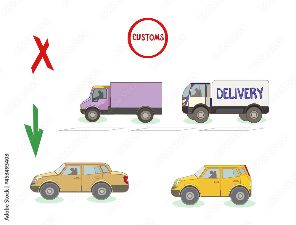 Road traffic at Customs with lines for Cargo trucks and Cars on white ...