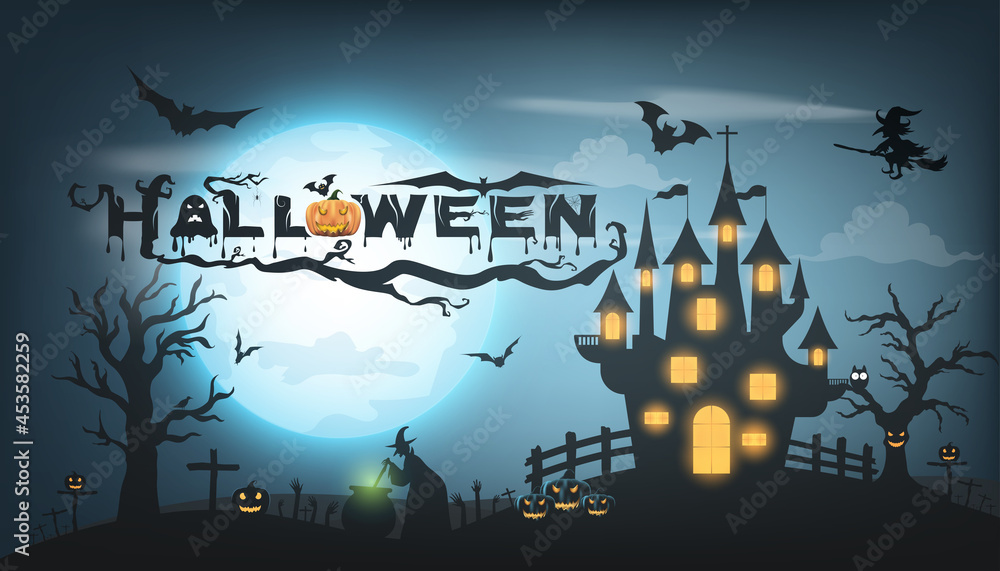 Happy Halloween background with pumpkin ghost, Haunted house with full ...