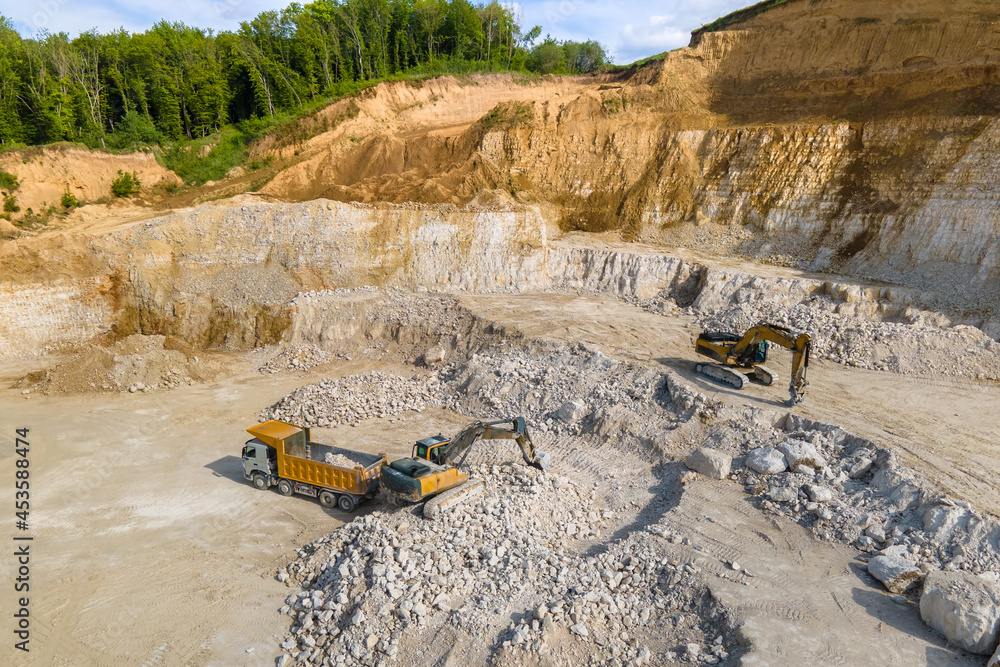 Open pit mining of construction sand stone materials with excavators ...