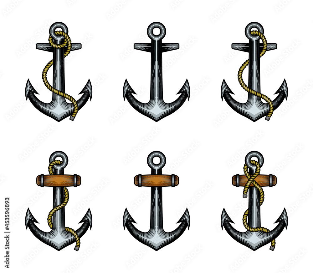 Anchors clip-art collection set. Vector illustration of classic retro ...