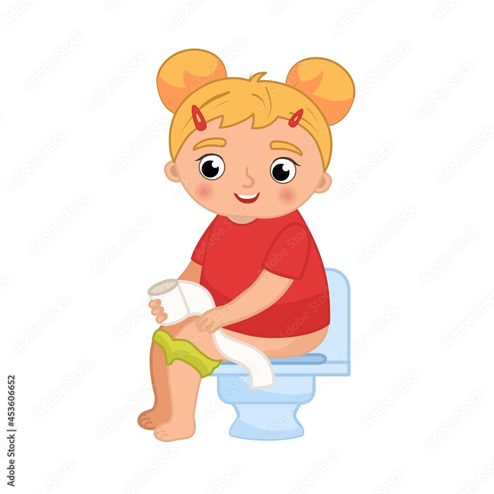 Vetor Vector cartoon illustration of a cute girl sitting on the toilet ...