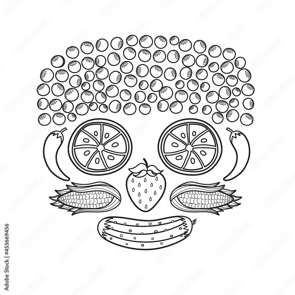 Black and white fruit and vegetable face. Funny healthy coloring page ...