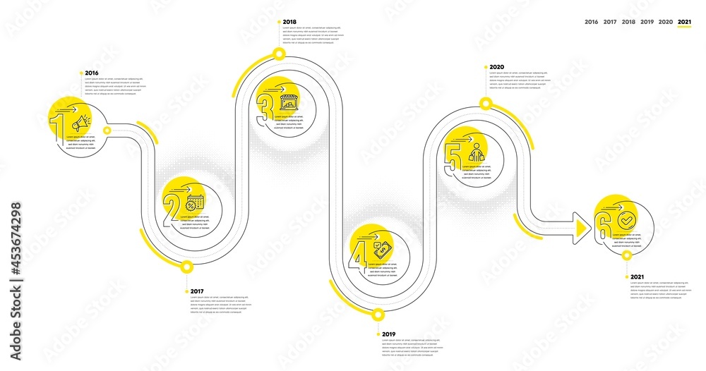 Trade Infographic timeline with 6 steps. Journey path workflow ...
