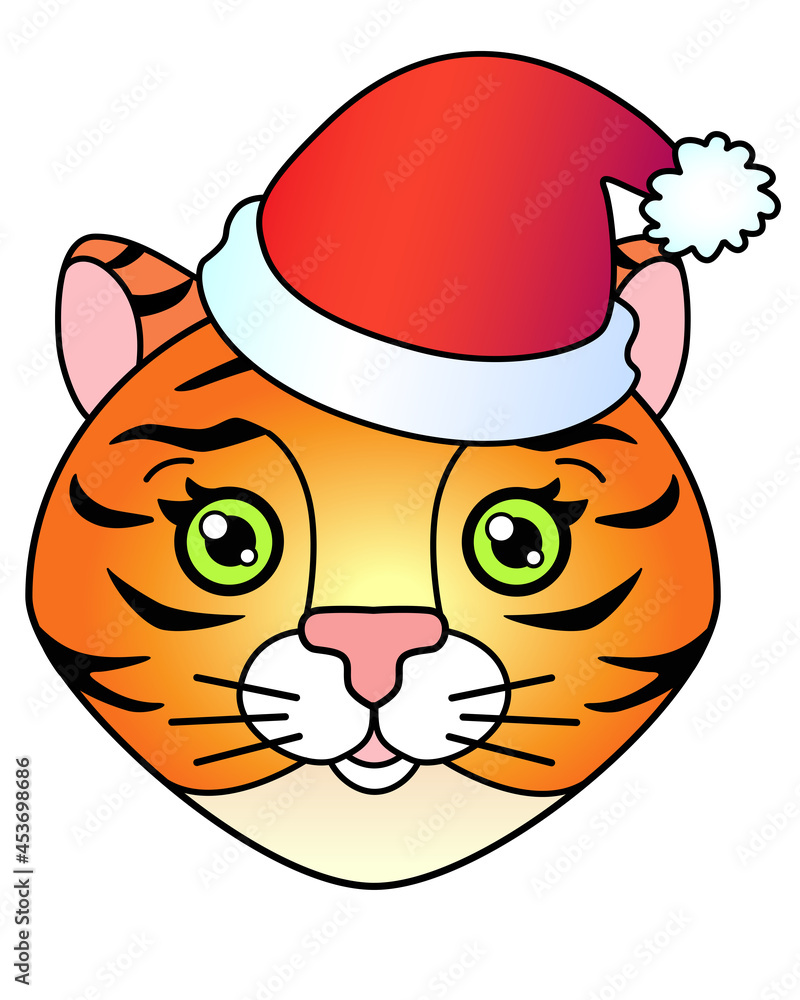 Tiger in santa claus hat - symbol of 2022 - vector full color ...