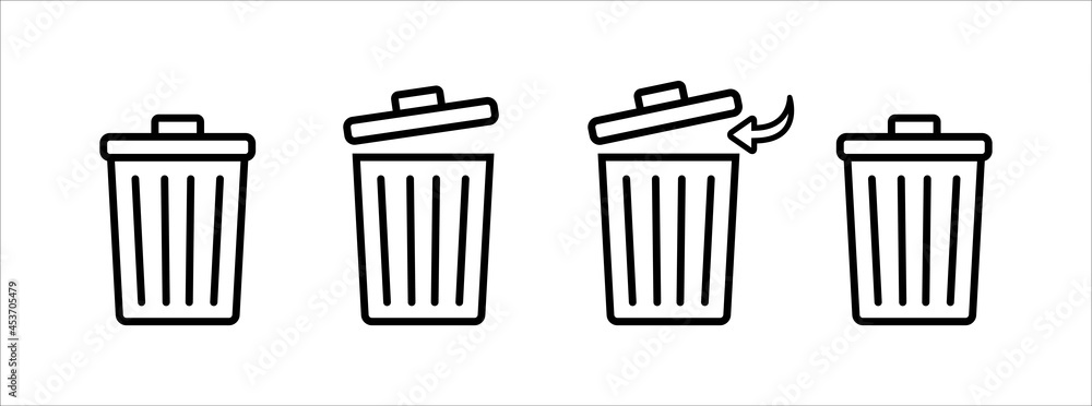 Trash bin with its lid icon set. Open trash bin vector sign. Stock ...