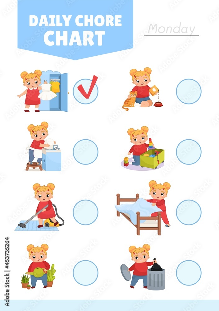 Daily routine chore chart. Cute little girl is doing household chores ...