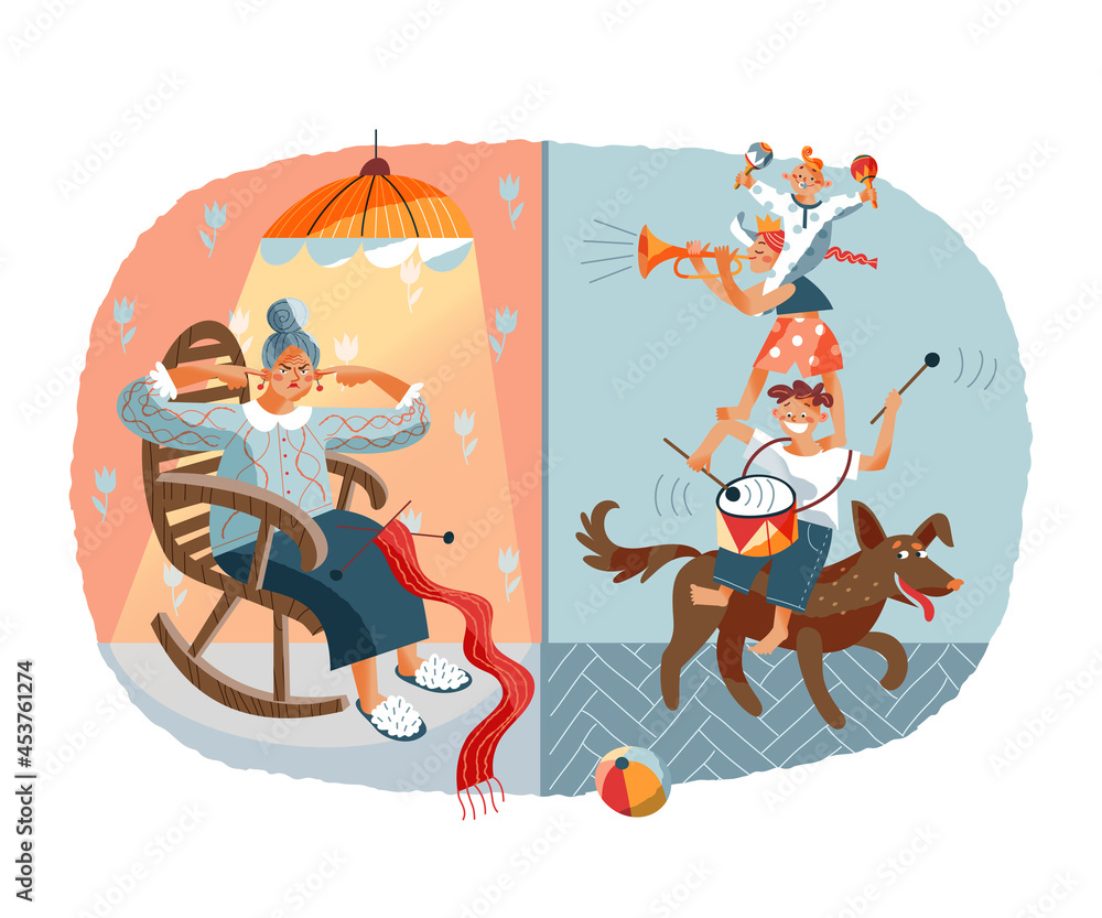 Loud noisy neighbours distracting old woman. Problems in neighbouring ...