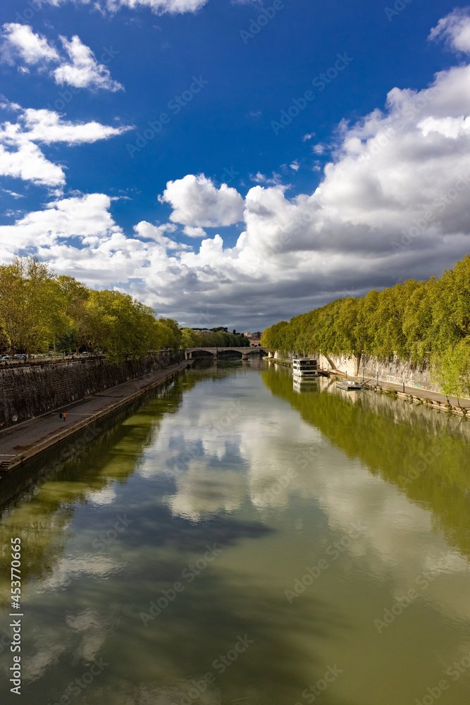 Tiber river in Rome from Sisto bridge with floating house and Mazzini ...