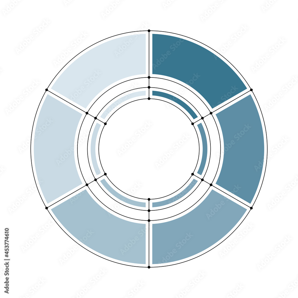 Infographics. Pie chart divided into 6 parts, charts, illustrations ...