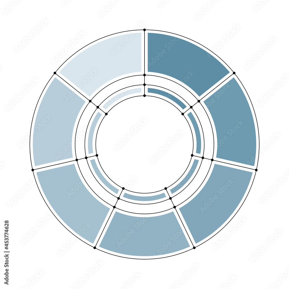 Infographics. Pie chart divided into 7 parts, charts, illustrations, PDCA, business, process ...