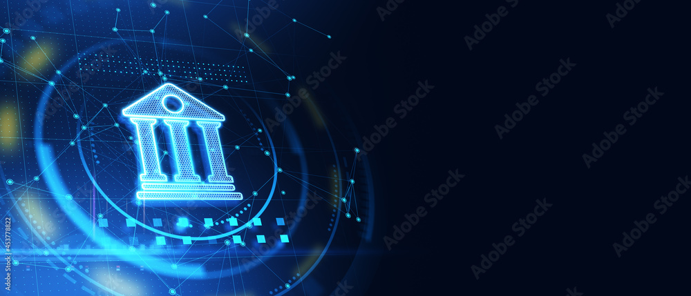 Glowing blue digital bank icon on blue backdrop with mock up place ...