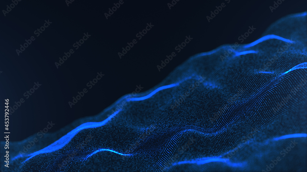 Futuristic grid wave of blue halftone digital dots data smooth seamless ...