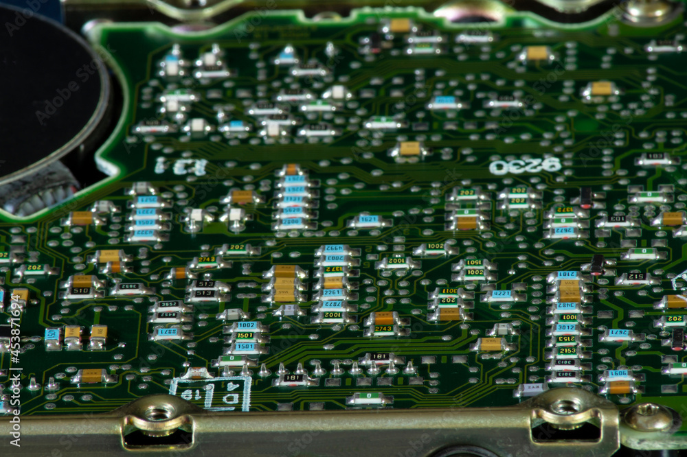 Radio components on a printed circuit board. Photo Close-up Stock Photo ...