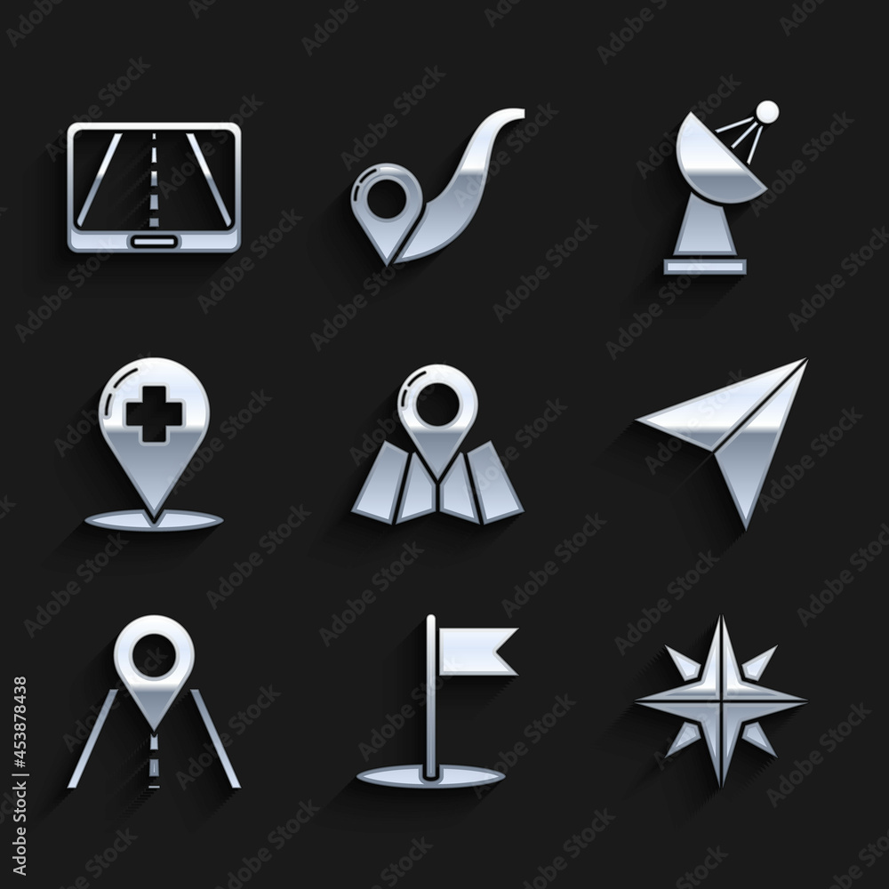 Set Folded map with location marker, Flag, Wind rose, Paper airplane, Road traffic sign, Medical ...