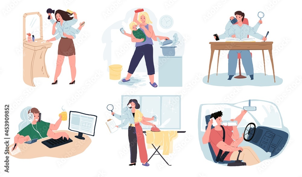 Set of vector cartoon characters with many hands,multitasking metaphor.Various people who manage ...