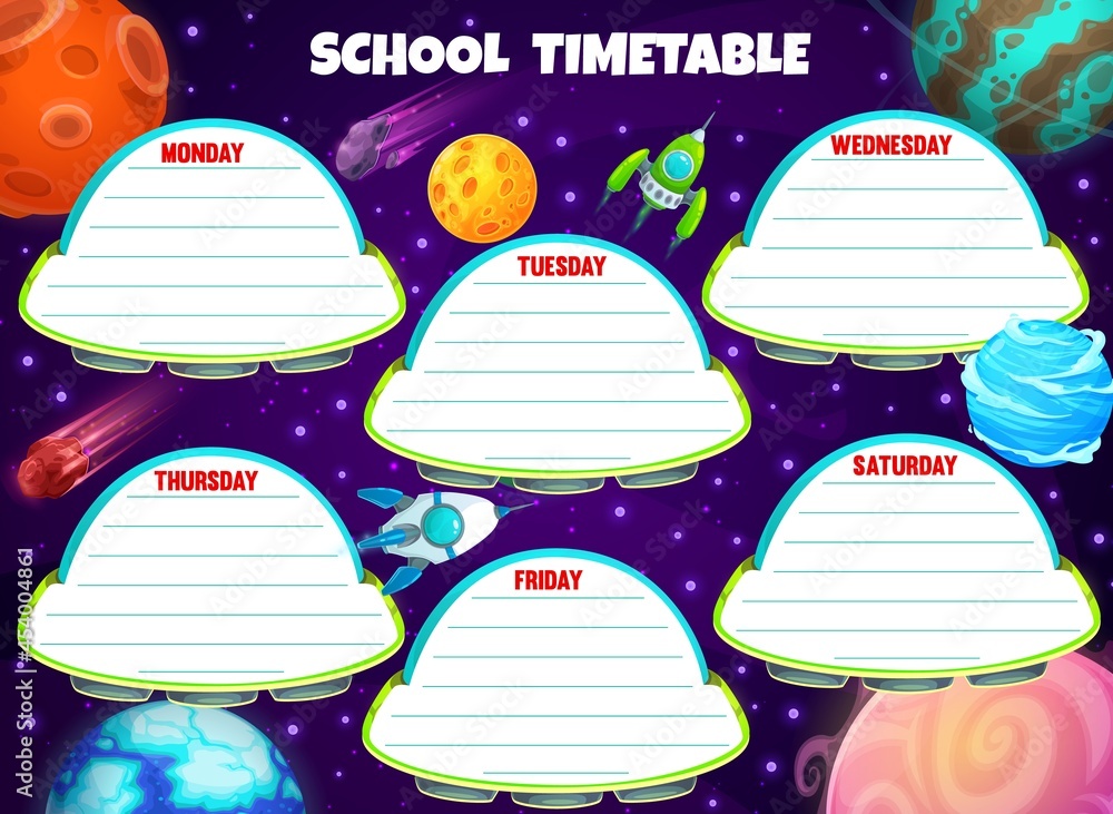Galaxy timetable with spaceships and shuttles. Vector kids weekly ...
