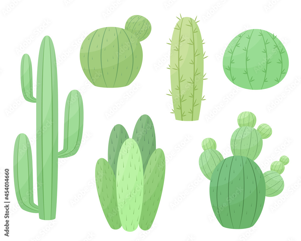 Set of cute cacti in cartoon style. Vector illustration isolated on ...