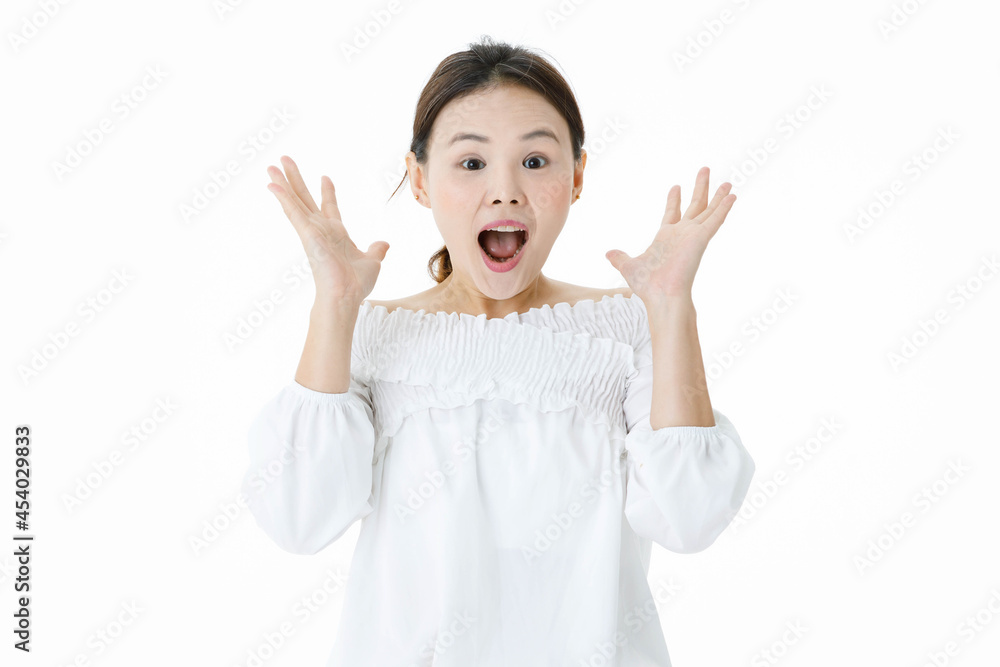 Isolated studio shot of Asian shocked excited surprised clueless female ...