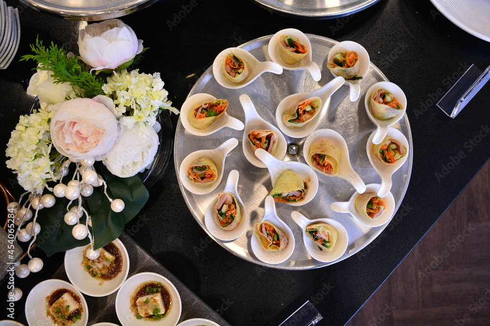 luxury buffet party dining catering with decoration in asian fusion ...