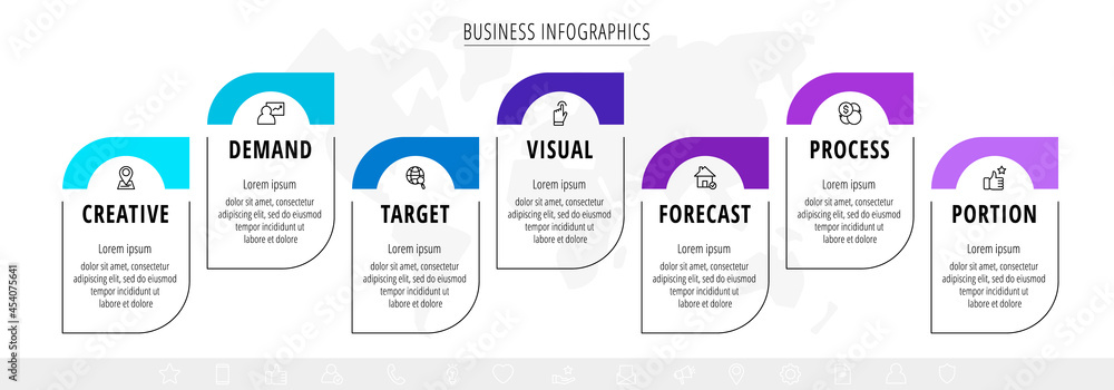 Business line vector infographics with 7 labels. Timeline visualization ...