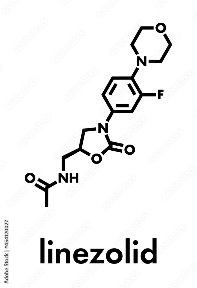 Linezolid antibiotic drug (oxazolidinone class) molecule. Skeletal ...