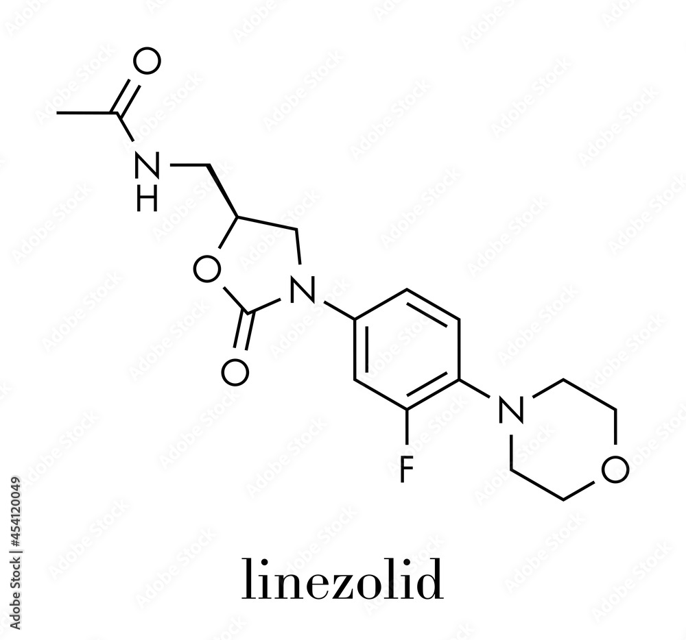 Linezolid antibiotic drug (oxazolidinone class) molecule. Skeletal ...