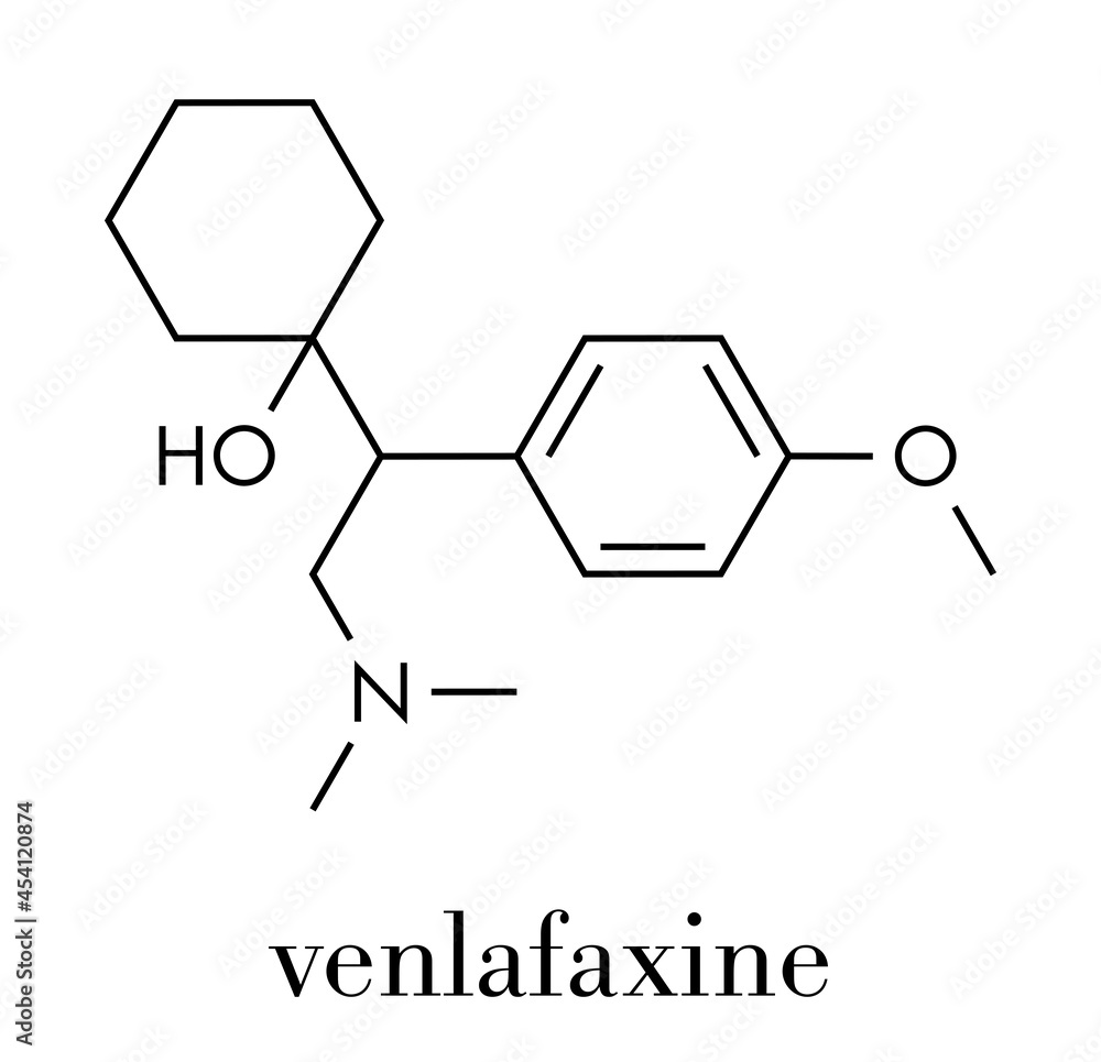 Venlafaxine antidepressant drug (SNRI class) molecule. Skeletal formula ...