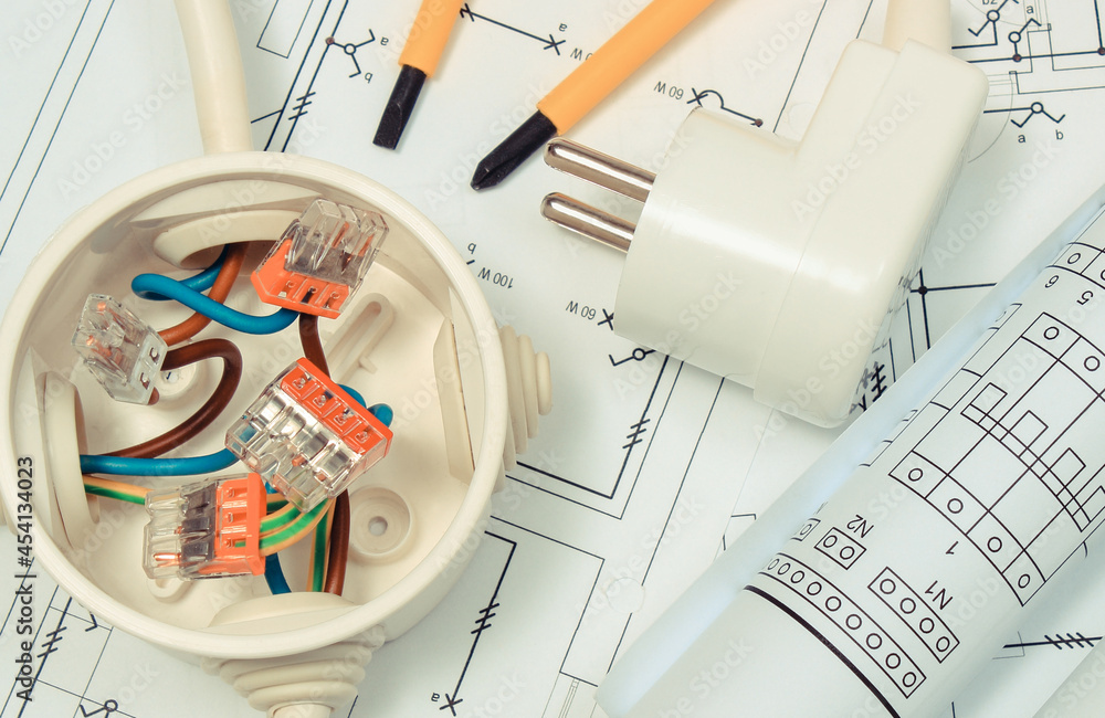 Electrical box with connections of electric copper wires and ...