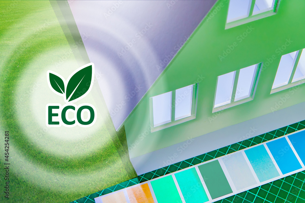Eco logo next to mock-up of house. eco house concept. Color palette as ...